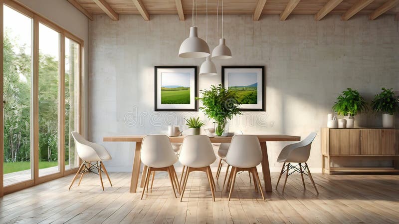 View of Light Wall with Empty White Frame in Dining Room Interior in ...