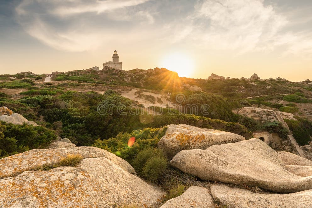 View of Lighthouse in Capo Testa at Sunset - Sardinia Stock Photo ...