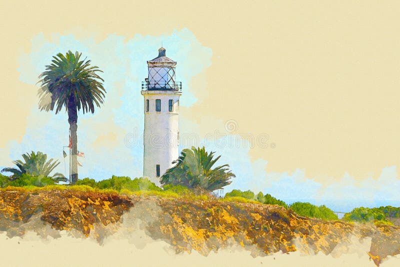 View of Lighthouse and Palm Tree in a Watercolor Style Stock Photo ...