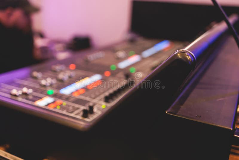 View of Lighting Engineer Operator Working on Mixing Console Workplace ...
