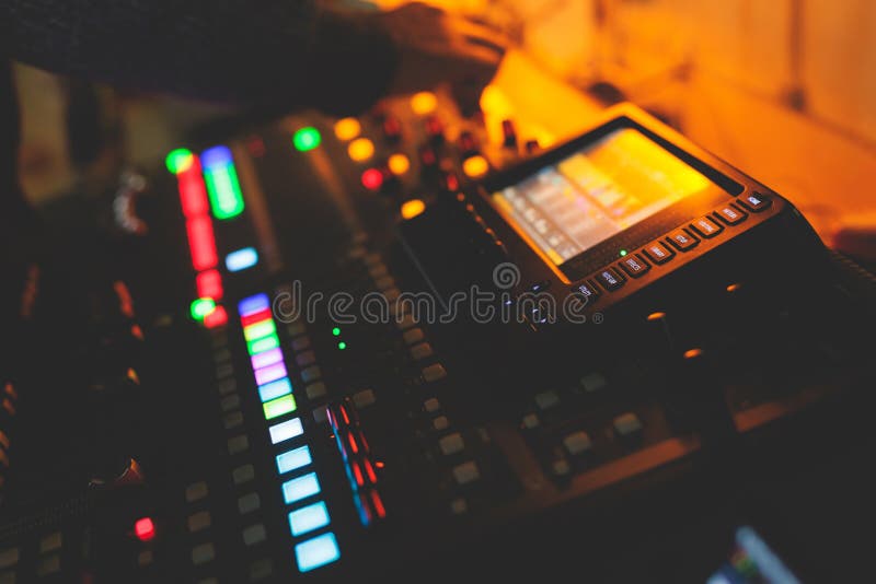 View of Lighting Technician Operator Working on Mixing Console ...