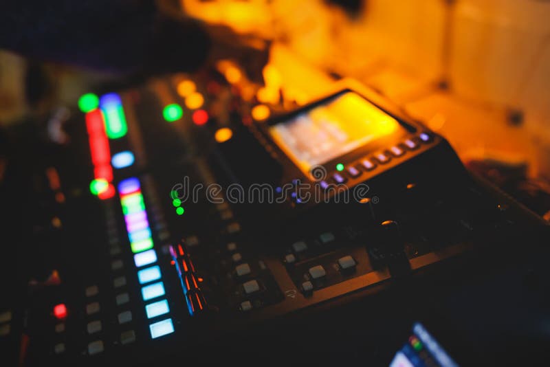View of Lighting Technician Operator Working on Mixing Console ...