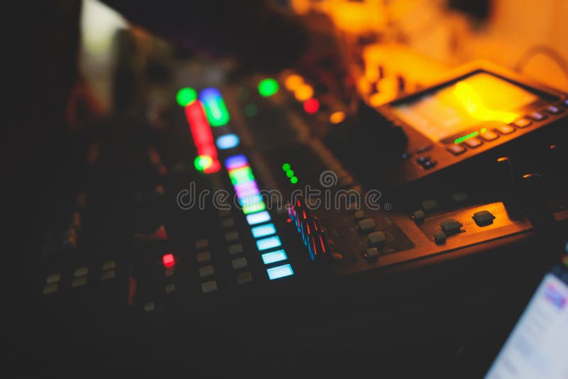 View of Lighting Technician Operator Working on Mixing Console ...