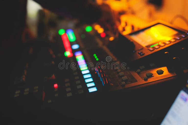 View of Lighting Technician Operator Working on Mixing Console ...