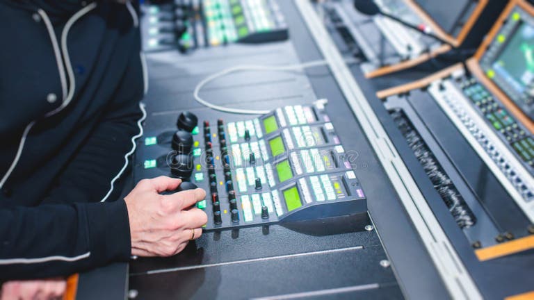 View of Lighting Technician Operator Working on Mixing Console ...