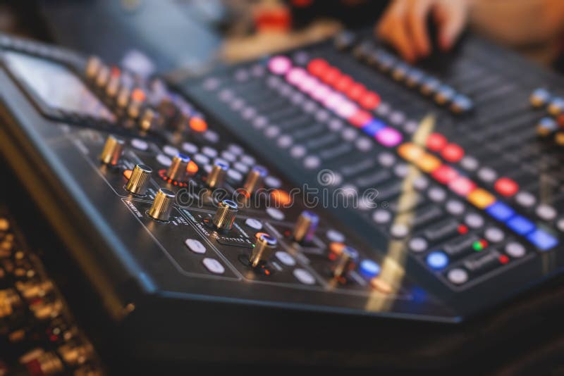 View of Lighting Technician Operator Working on Mixing Console ...