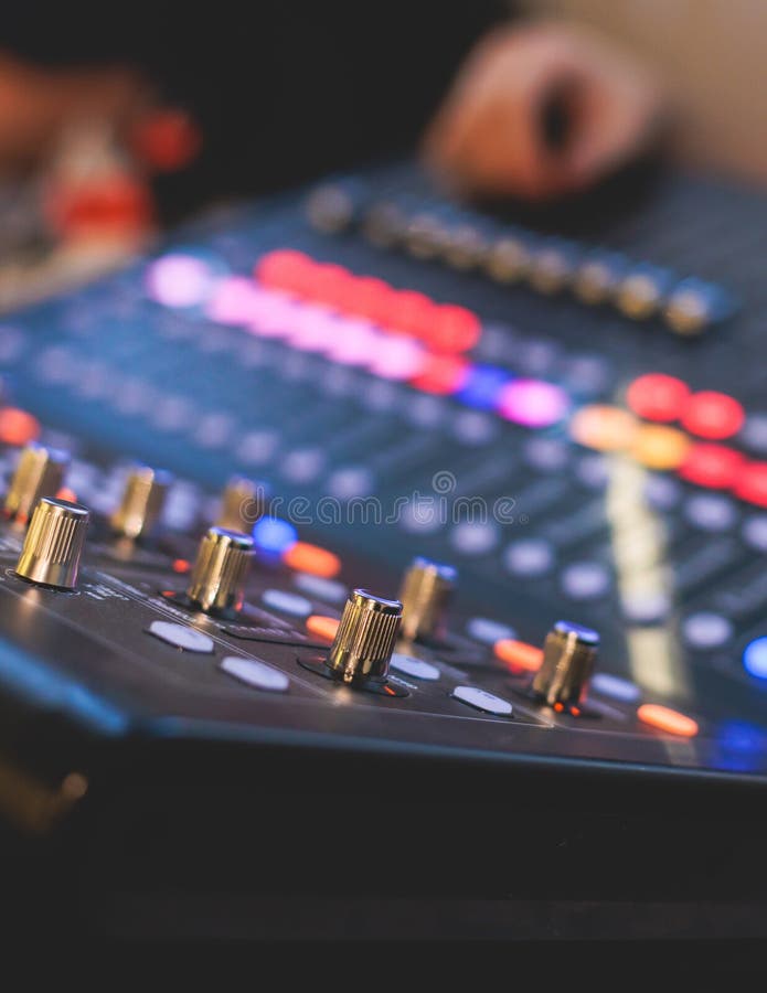 View of Lighting Technician Operator Working on Mixing Console ...