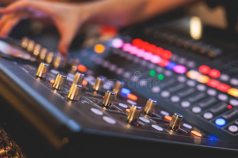 View of Lighting Technician Operator Working on Mixing Console ...