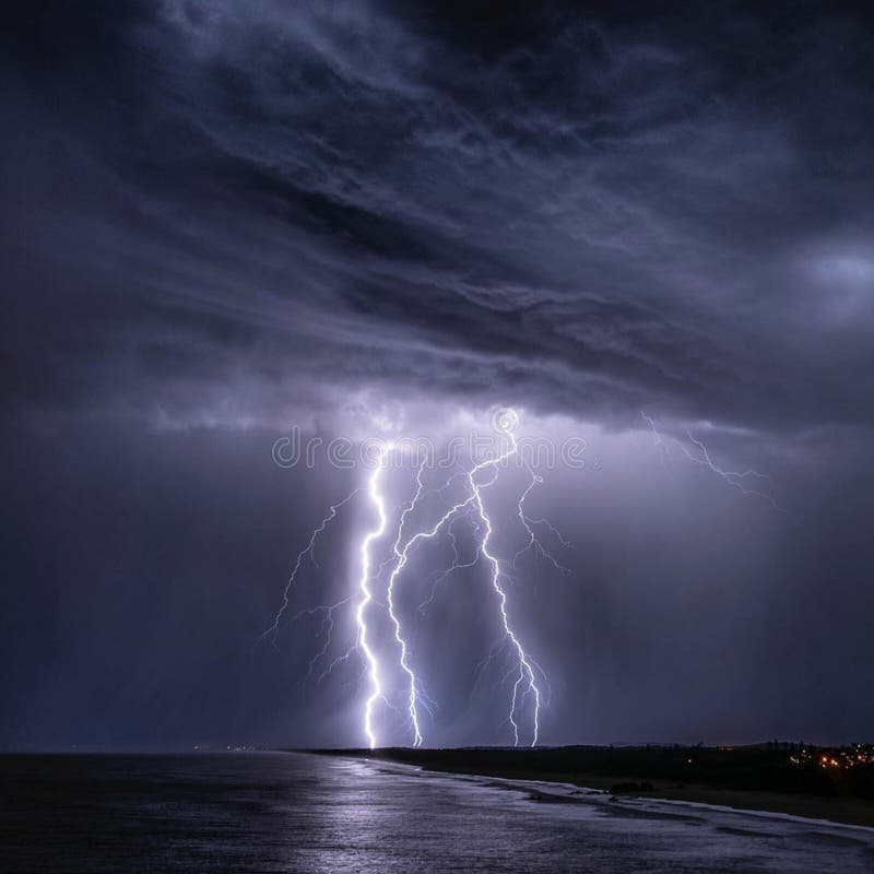 View of Lightning Strike Over a Rural Farm Field, Lightning Strikes the ...