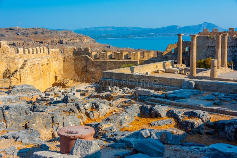 View of Lindos Acropolis at Greek Island Rhodes Stock Photo - Image of ...
