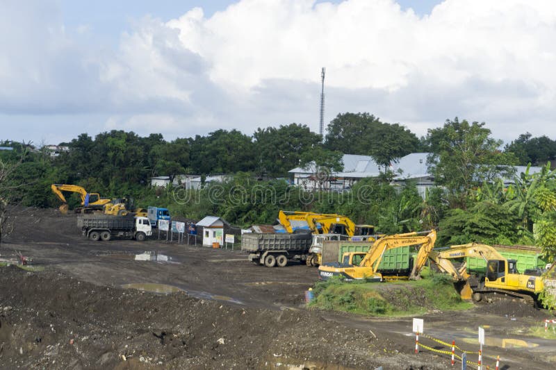 View of Line of Vehicles and Heavy Equipment at Construction Site ...