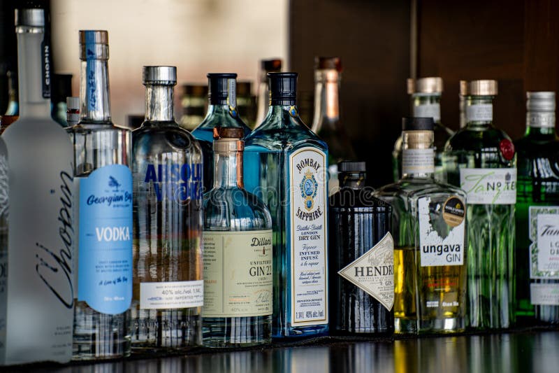 View of Liquor Bottles on a Bar Counter. Editorial Stock Photo - Image ...