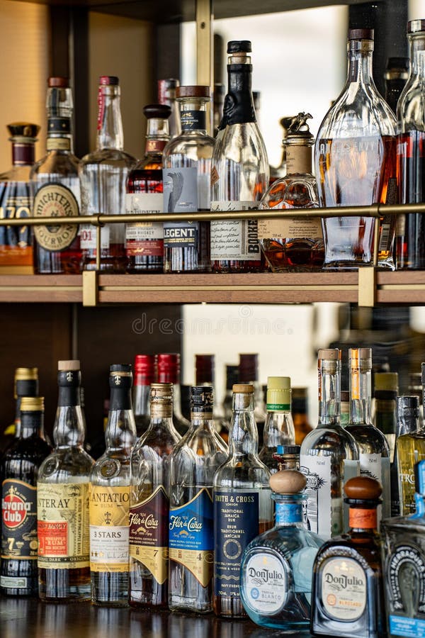 View of Liquor Bottles on a Bar Counter. Editorial Image - Image of ...