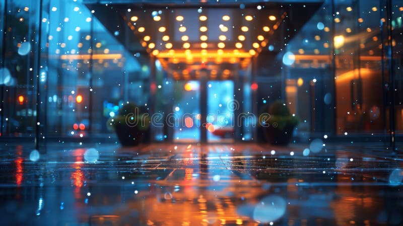 A View of a Lit Up Building with Rain Drops on the Glass, AI Stock ...