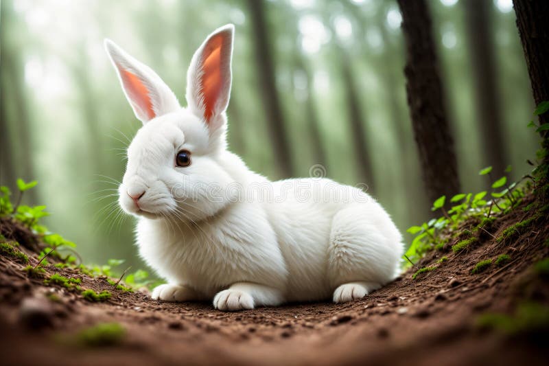 View of a Little Cute White Rabbit in the Spring Forest, Close-up with ...