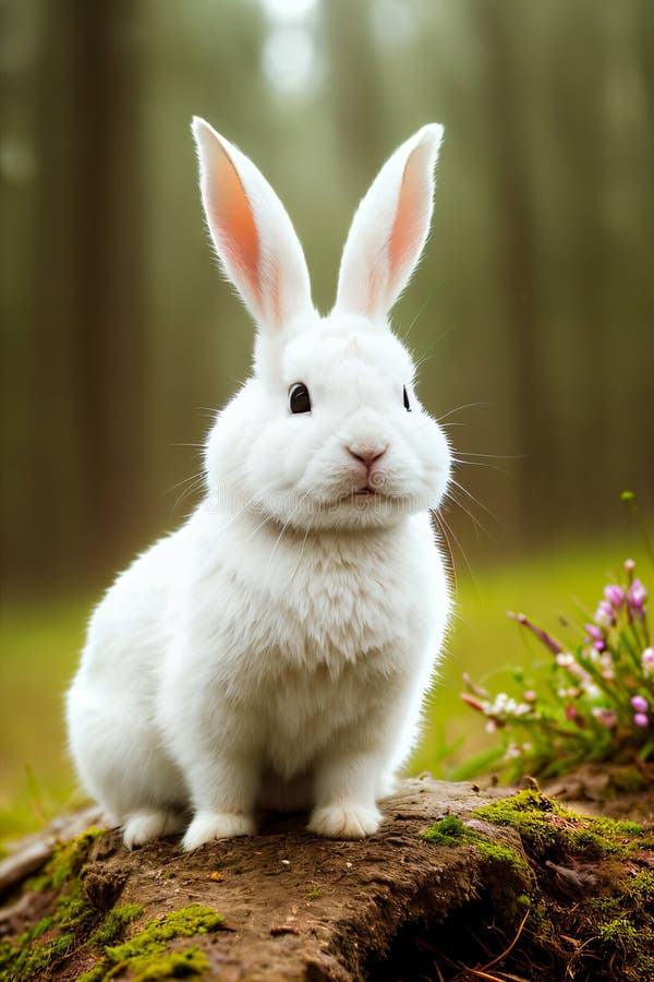 View of a Little Cute White Rabbit in the Spring Forest, Close-up with ...