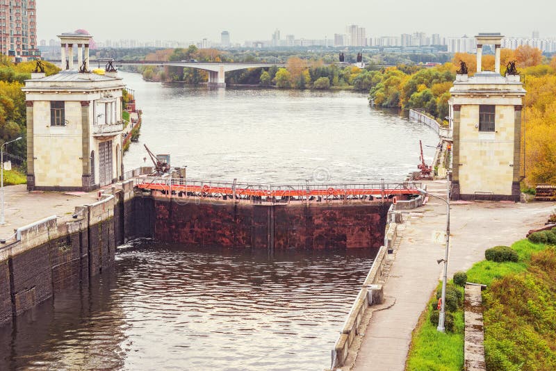 View of the Lock on the Volga River Near Uglich. Autumn Nature. Stock ...