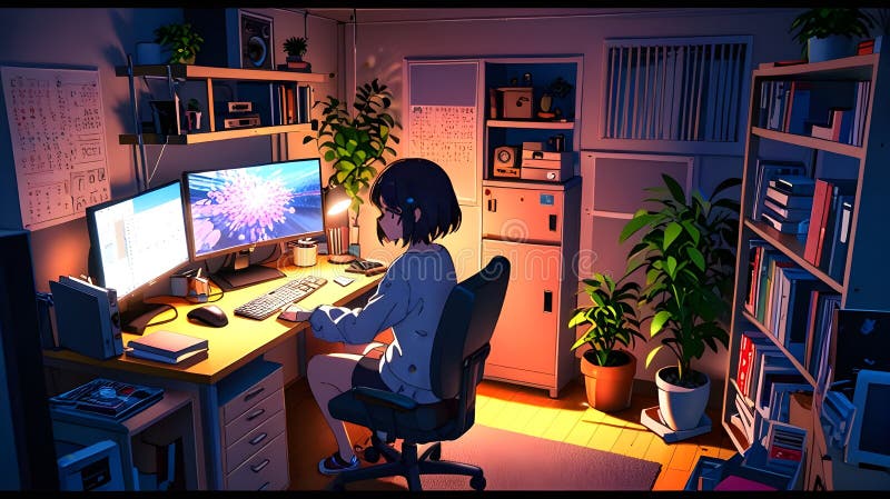 A Lofi Girl Programmer in Front of Her Computer Station Stock ...