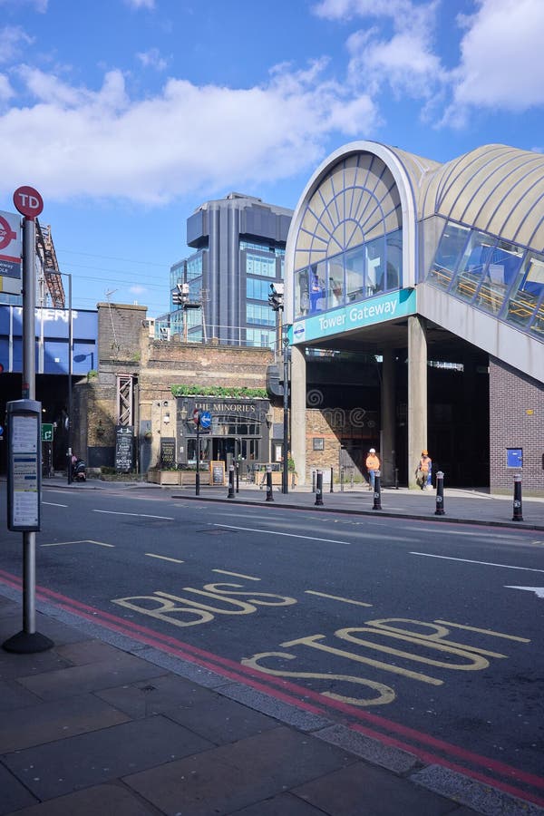 View of a London Bus Stop with Tower Gateway DLR Station Editorial ...