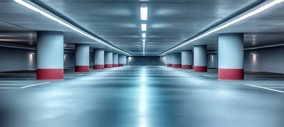 View from Long Underground Parking Area Featuring Grey Column Building ...