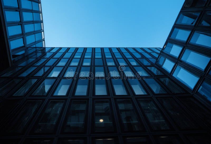 View Looking Up at Glassy Building Facade from Below with the Moon in ...