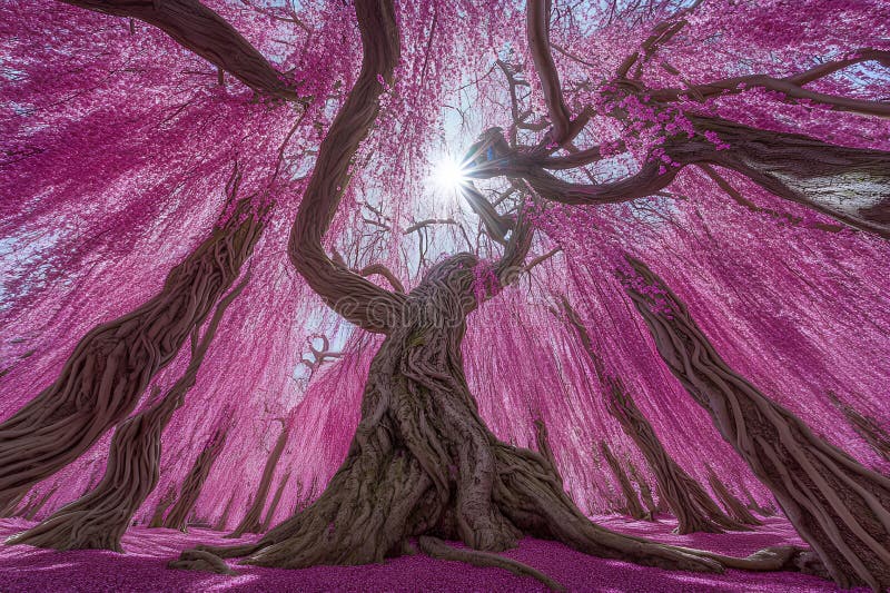 View Looking Up through Pink Weeping Willow Trees with Sun Shining ...