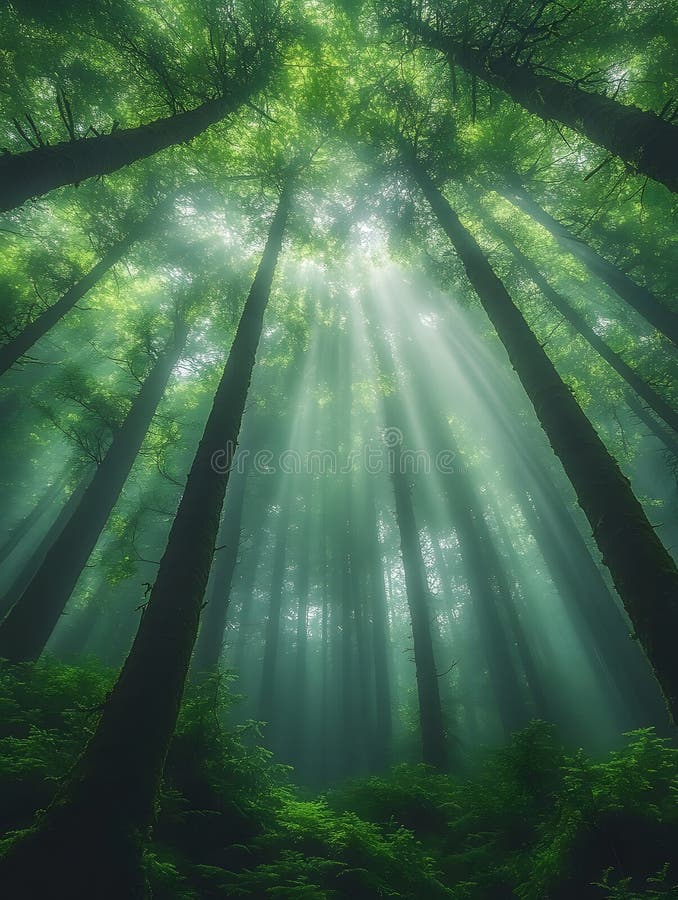A View Looking Up through Tall Trees with Sun Rays Shining through the ...