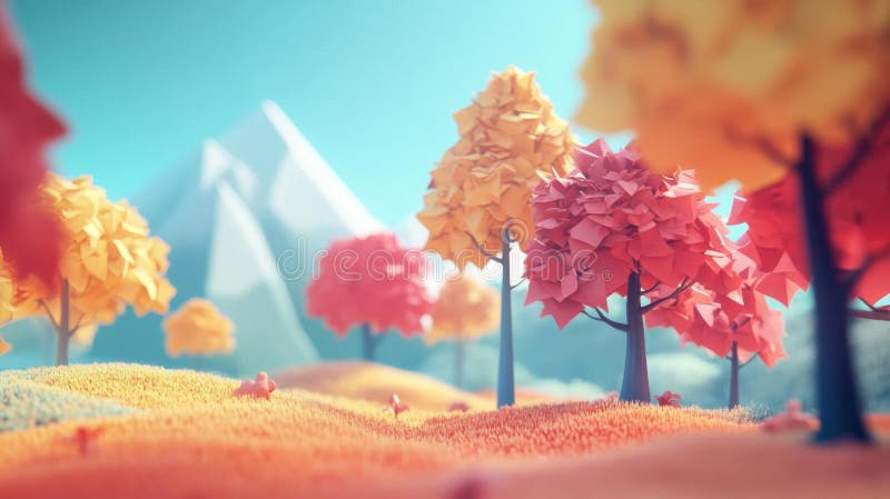 View of Low Poly Trees and Meadow with Mountain on Sunny Day Stock ...