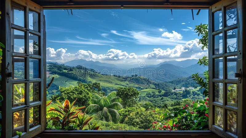 A View of Lush Green Mountains and a Bright Blue Sky Seen through an ...