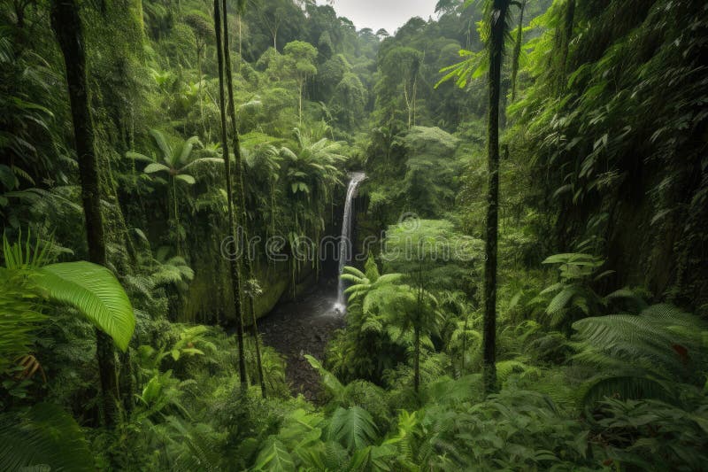 View of Lush Jungle, with Waterfall Visible in the Distance Stock Image ...