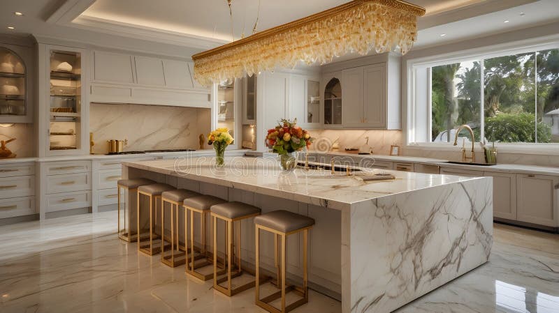 A Luxurious Open Kitchen with a Marble Island and Gold Fixtures Stock ...