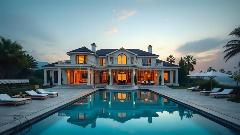 View of a Luxurious Villa with a Pool at Dusk with Deck Chairs Stock ...