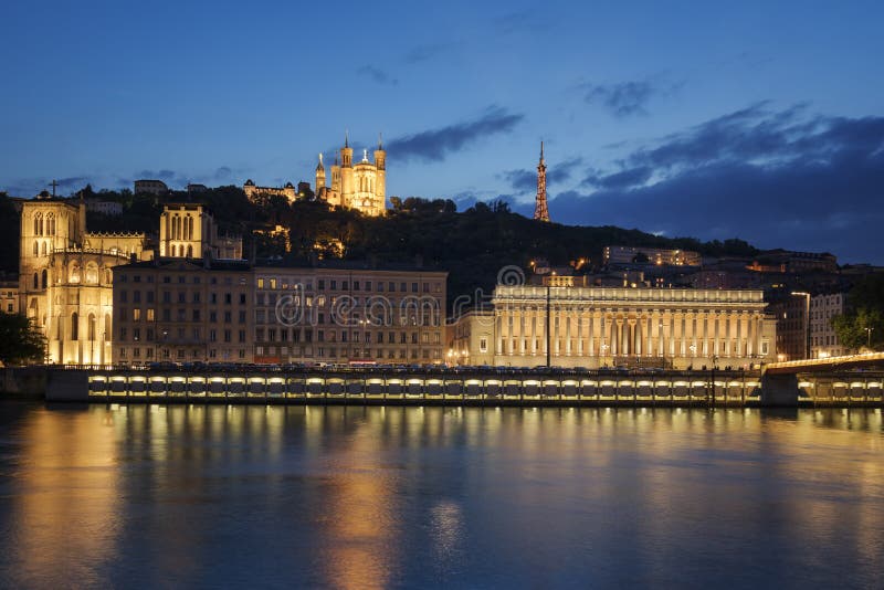 View of Lyon by Night. France. Stock Photo - Image of bridge ...