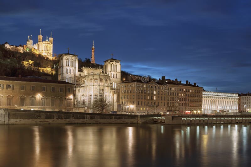 View of Lyon Over the Saone River at Night Stock Photo - Image of ...