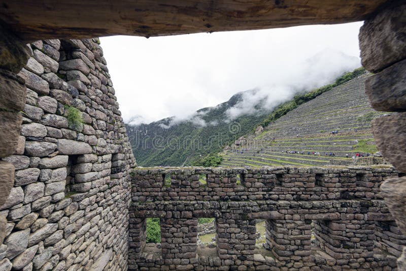 View from within Machu Picchu – Incan Stonework and Terraces Stock ...