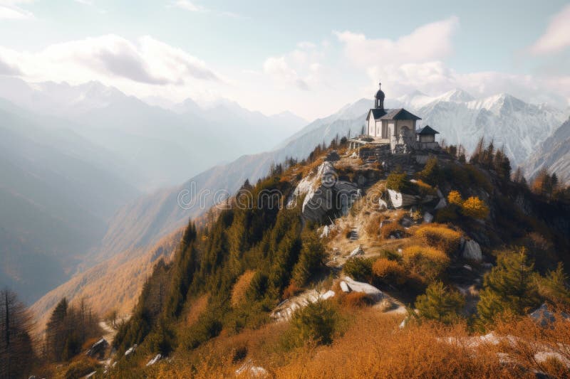 View of Majestic Mountain Range, with a Chapel Perched on the Highest ...