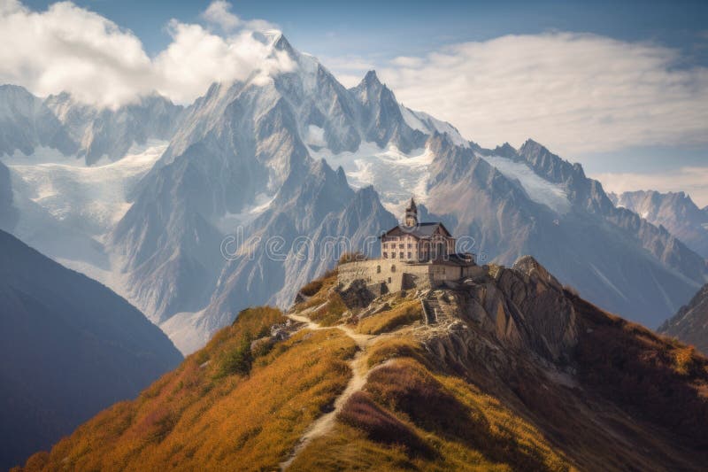 View of Majestic Mountain Range, with a Chapel Perched on the Highest ...