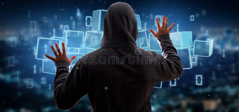 Man Hacking a Cloud of Blockchain Cube and Binary Data 3d Render Stock Photo - Image of abstract ...