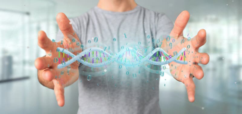 Man Holding a 3d Rendering Data Coded Dna with Binary File Around Stock ...