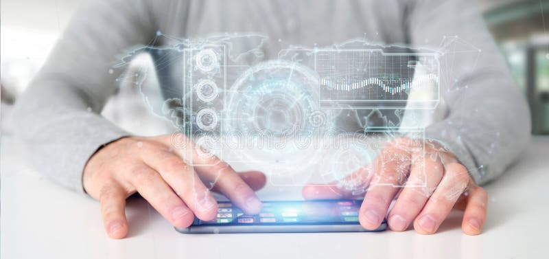 Man Holding a Technology Interface 3d Rendering Stock Photo - Image of ...