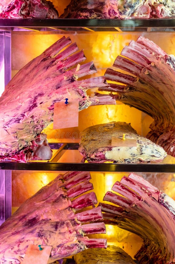 View of Many Beef Ribs in Dry Aging Fridge Stock Photo - Image of ...