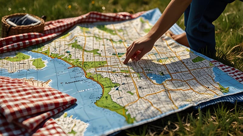 A Map Spread Out on a Picnic Blanket with Hands Pointing at Locations ...