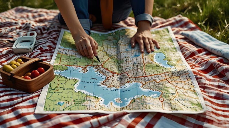 A Map Spread Out on a Picnic Blanket with Hands Pointing at Locations ...