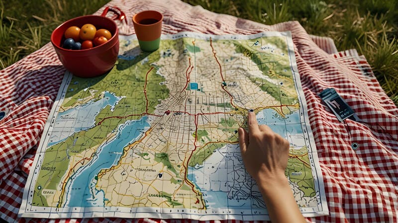 A Map Spread Out on a Picnic Blanket with Hands Pointing at Locations ...