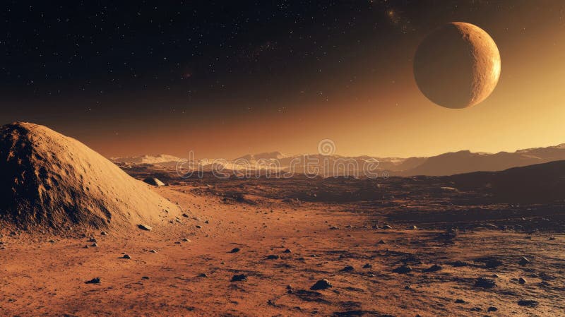 View of Mars with Phobos and Deimos in the Sky, Featuring a Vast ...