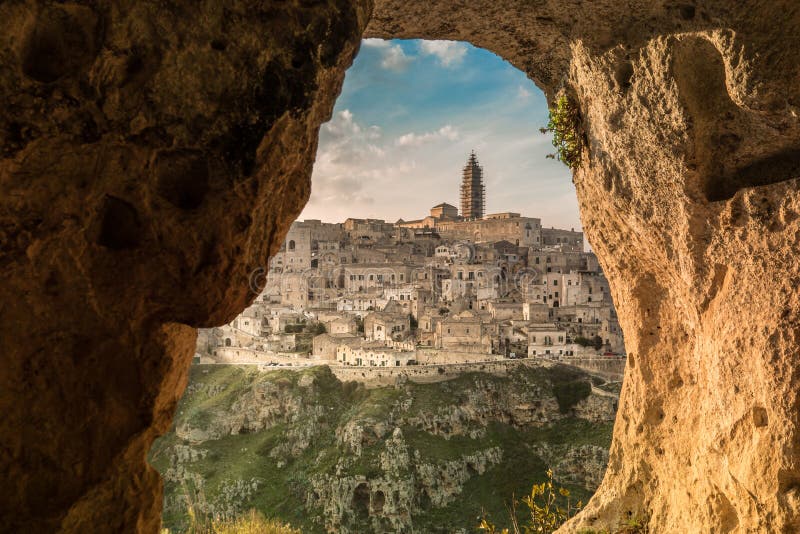 View of Matera from a cave stock photo. Image of architecture - 145705292