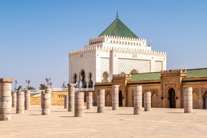 View at the Mausoleum of Mohammed V with Almohad Mosque Ruins in Rabat ...