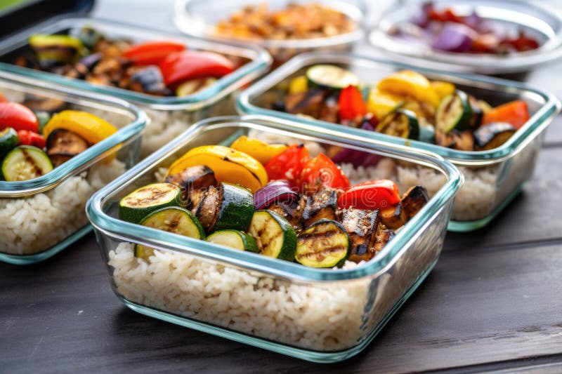 View of Meal Prep Containers Filled with Rice and Grilled Vegetables ...
