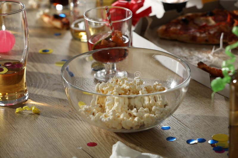 View of Messy Table with Drinks and Leftovers after Party Stock Photo ...
