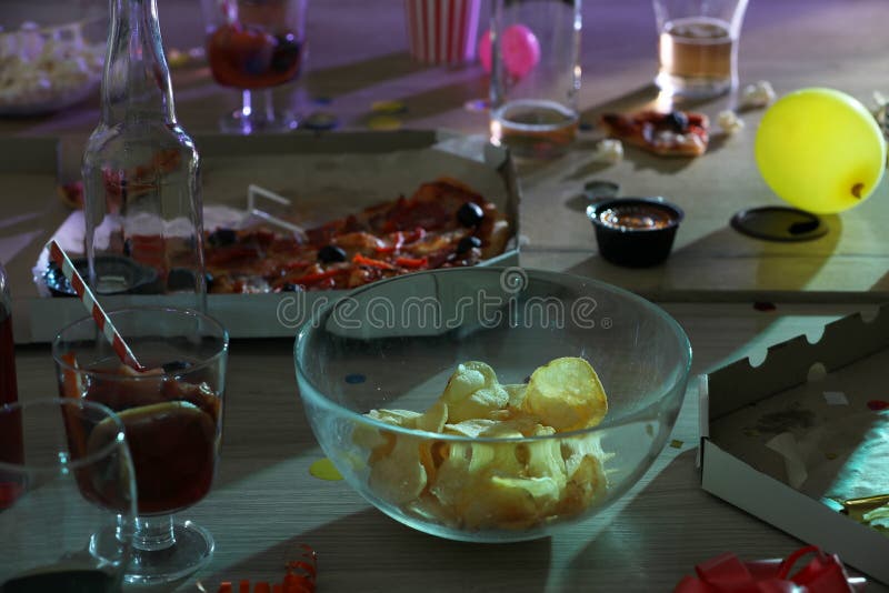 View of Messy Table with Drinks and Leftovers after Party Stock Image ...